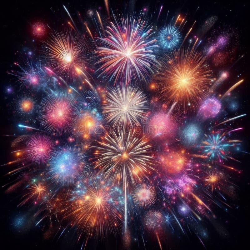 Vibrant Fireworks Bursting in Various Colors Against Black Background ...