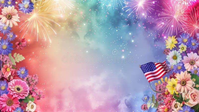 Vibrant Fireworks Display with American Flag and Colorful Flowers Stock ...