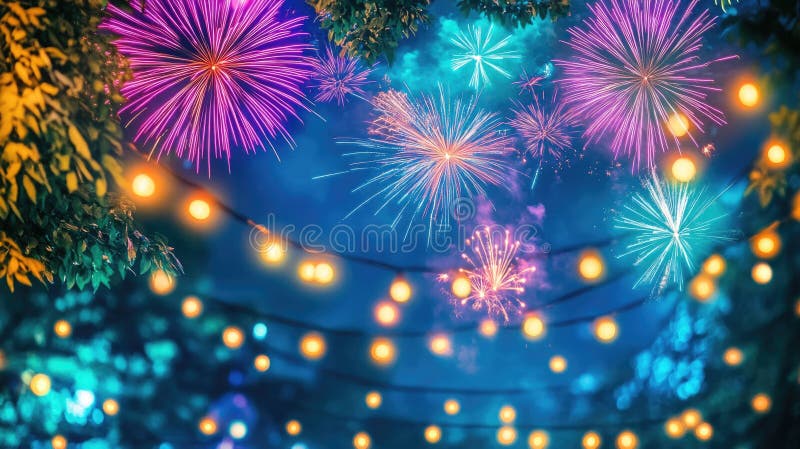 Vibrant Fireworks Display Amidst String Lights and Night Sky Happy ...