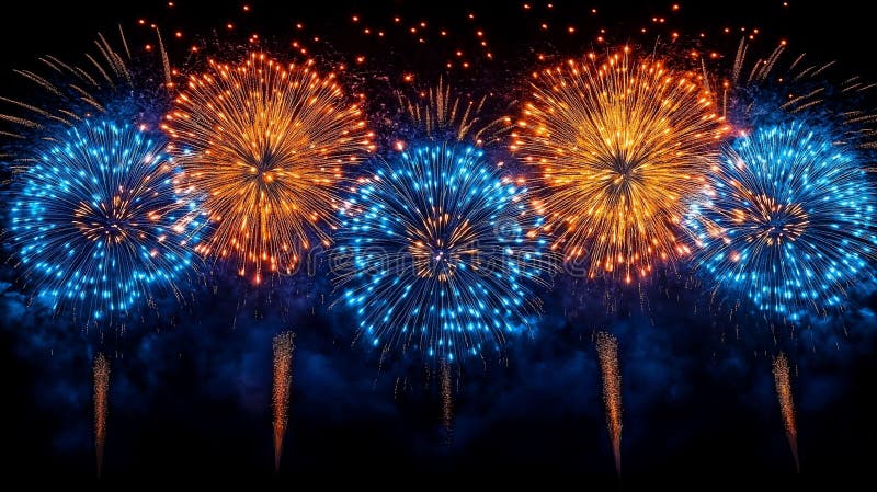 Vibrant Fireworks Display with Blue and Orange Bursts Lighting Up the ...