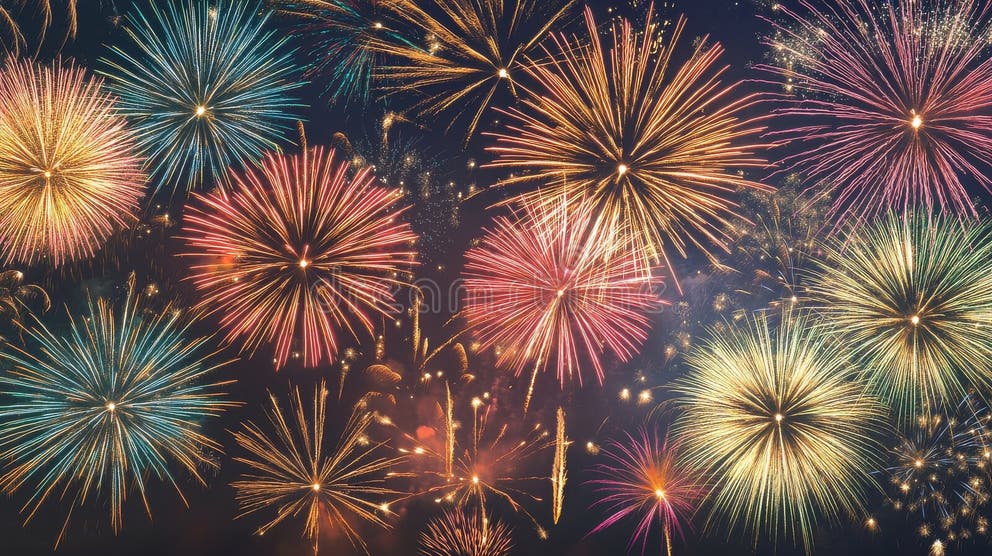 Vibrant Fireworks Display Composition of Multiple Explosions, Night Sky ...