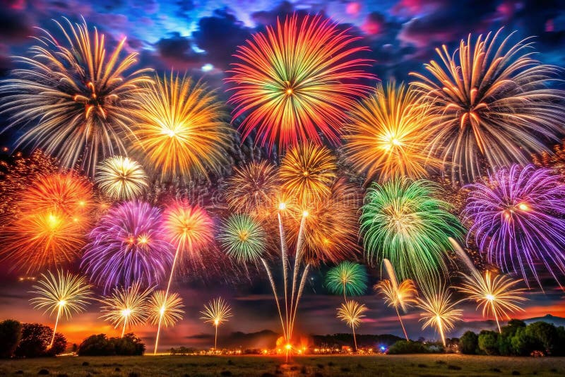 Vibrant Fireworks Display Exploding in Night Sky Stock Illustration ...