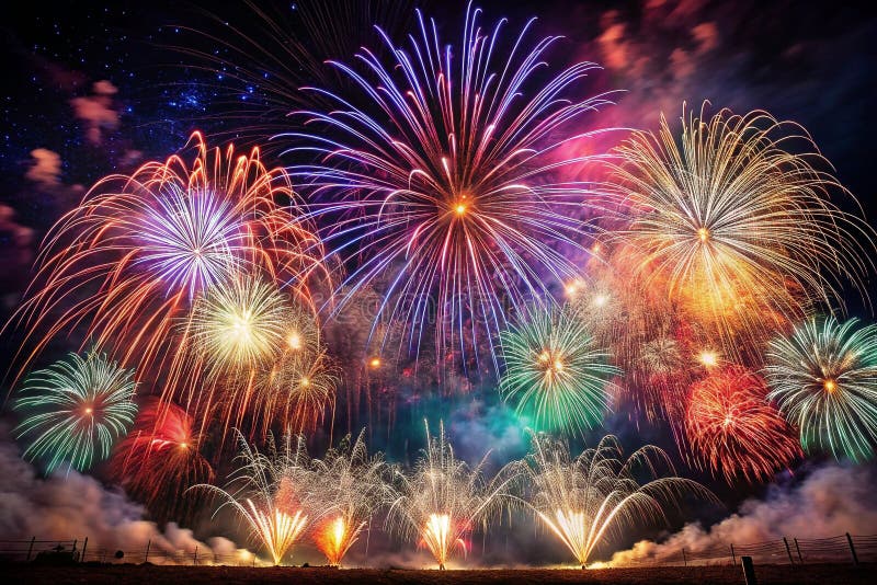 Vibrant Fireworks Display Exploding in Night Sky. (1 Stock Illustration ...