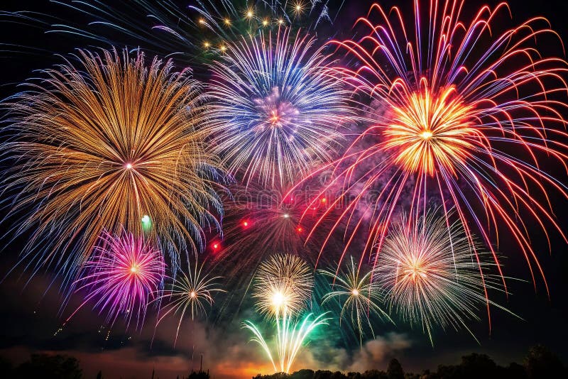 Vibrant Fireworks Display Exploding in Night Sky Stock Illustration ...