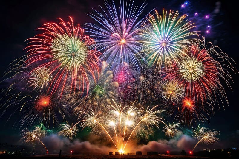 Vibrant Fireworks Display Exploding in Night Sky. (1 Stock Illustration ...