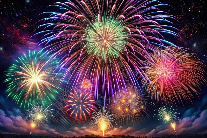 Vibrant Fireworks Display Exploding in Night Sky Stock Illustration ...