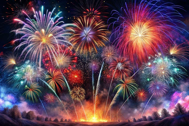 Vibrant Fireworks Display Exploding in Night Sky Stock Illustration ...