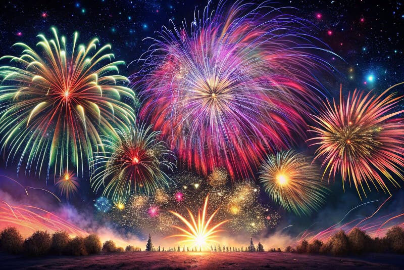Vibrant Fireworks Display Exploding in Night Sky Over Trees Stock ...