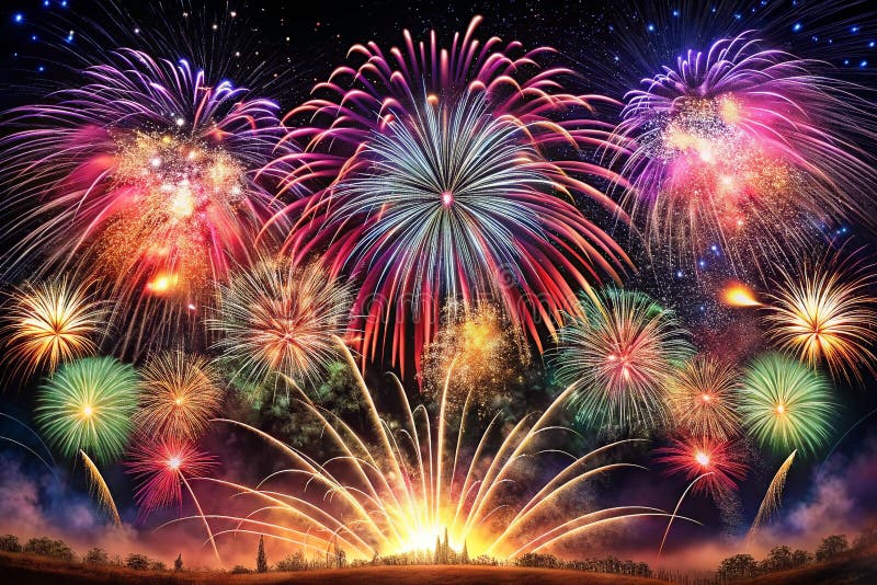 Vibrant Fireworks Display Exploding Over a City Skyline at Night Stock ...