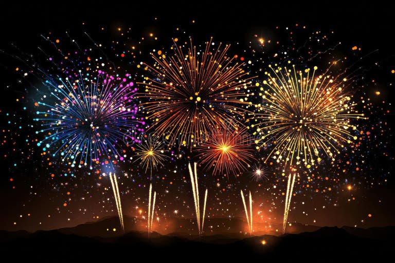 Vibrant Fireworks Display Exploding Over Silhouetted Mountains, a ...