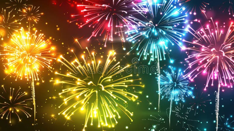 Vibrant Fireworks Light Up the Night Sky Over a City Skyline Stock ...