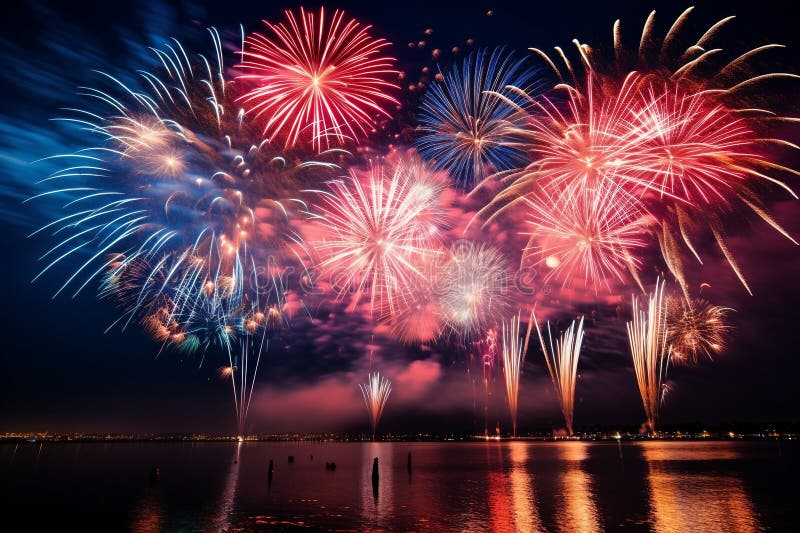 Vibrant Fireworks Display Lighting Up Night Sky Over Water. Generative ...