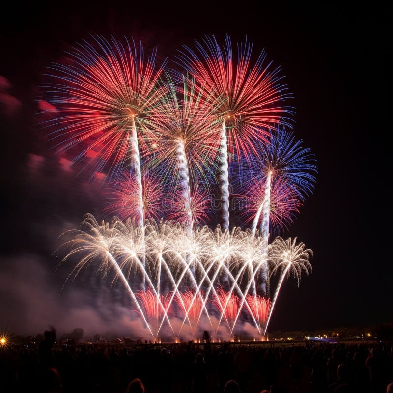 A Vibrant Fireworks Display Lights Up the Night Sky with Bursts of Red ...