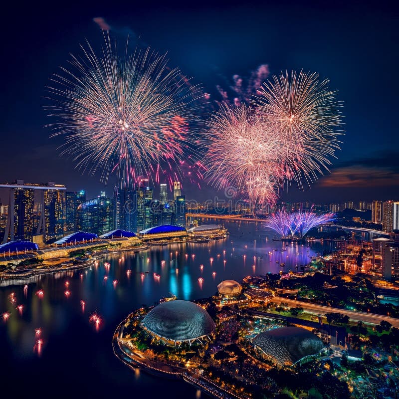 A Vibrant Fireworks Display Lights Up the Night Sky Over a Bustling ...