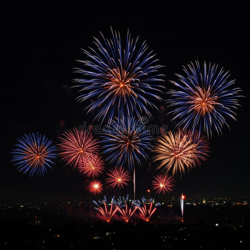 Vibrant Fireworks Display at Night Over City Stock Illustration ...