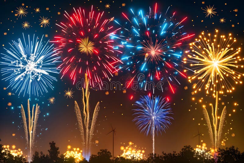 Spectacular Fireworks Display Burst Gold Red Against Night Sky Stock ...