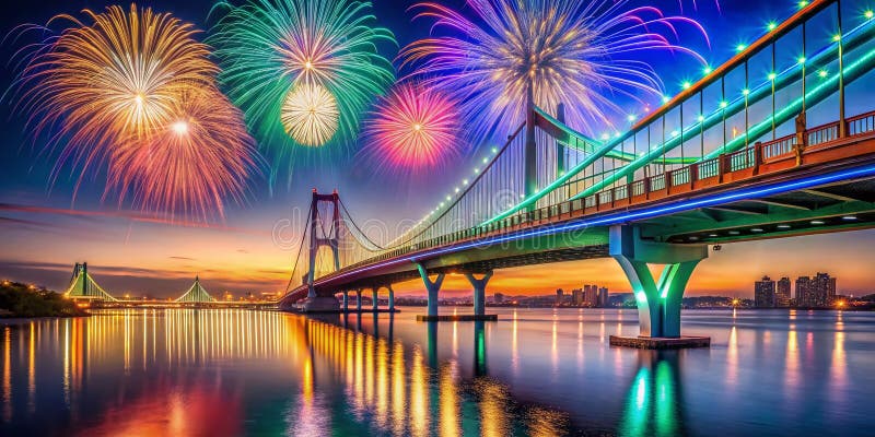 Vibrant Fireworks Display Over a Bridge at Night a Celebration of ...