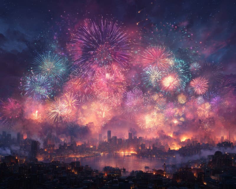Vibrant Fireworks Display Over City at Night Stock Illustration ...