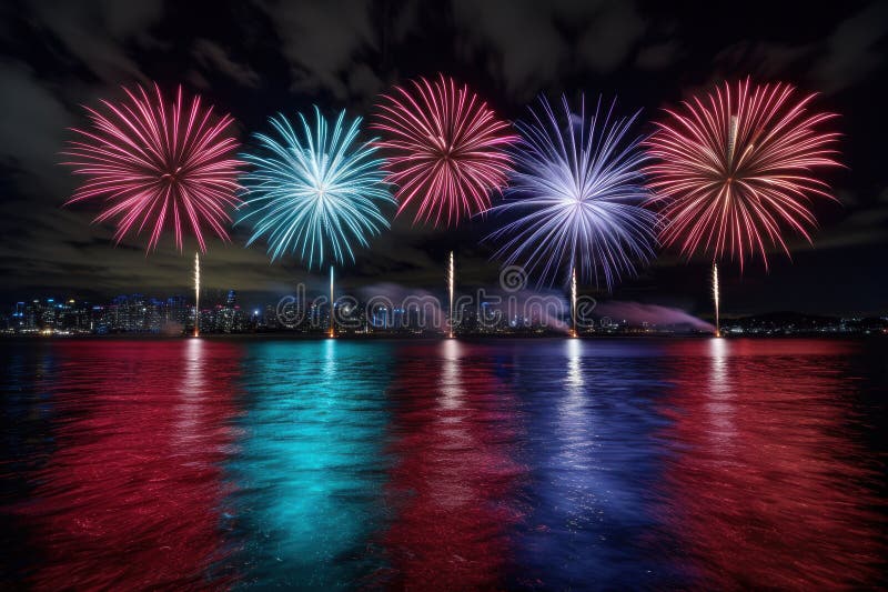 Vibrant Fireworks Display Over a City Skyline Stock Illustration ...