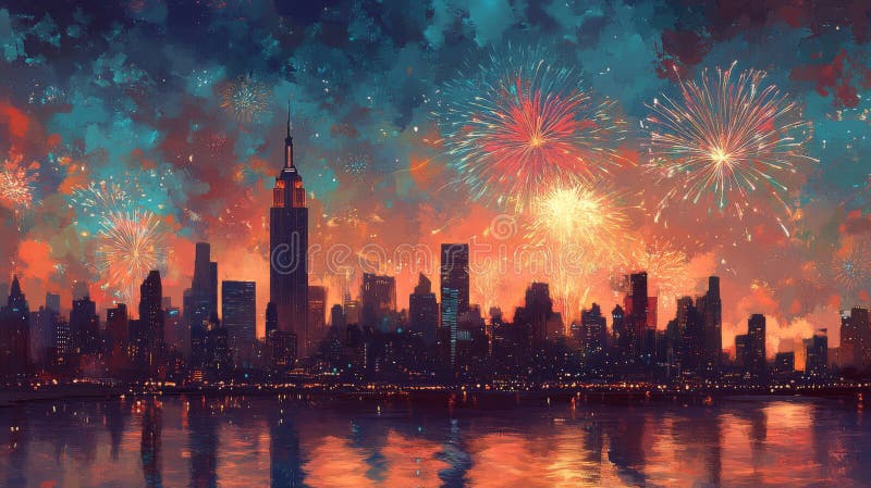 Vibrant Fireworks Display Over City Skyline at Night Stock Illustration ...