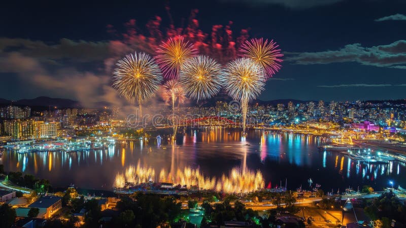 Vibrant Fireworks Display Over City Skyline Reflected in Waterfront ...