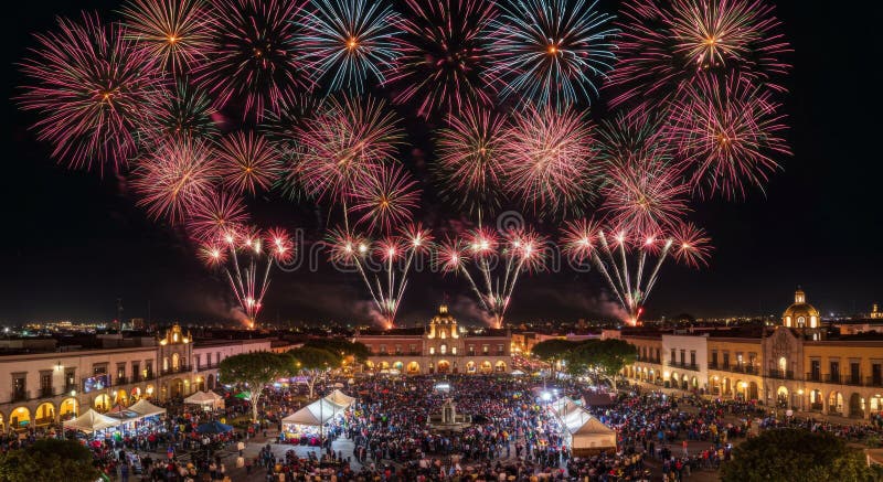 Vibrant Fireworks Display Over City Square at Night Stock Illustration ...