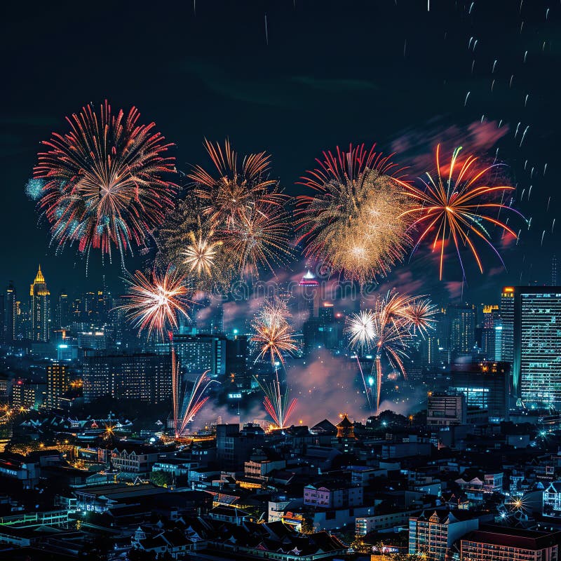 Vibrant Fireworks Illuminate the Night Sky Above a Bustling Cityscape ...