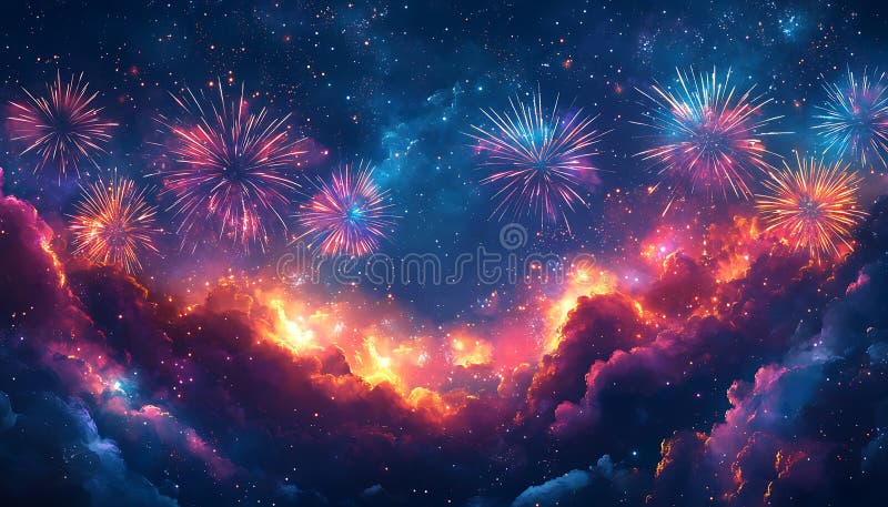 Vibrant Fireworks Display Over Dreamy Clouds and Starry Night Sky Stock ...