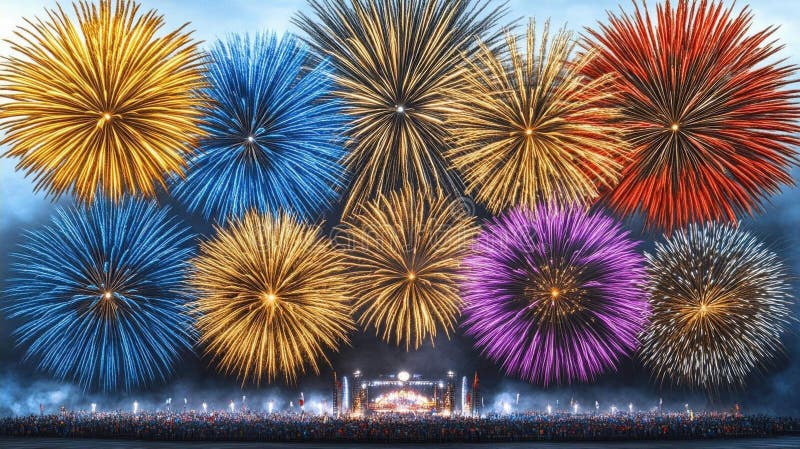 Vibrant Fireworks Display Over a Large Crowd at Night Stock Photo ...