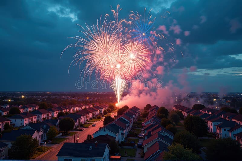Vibrant Fireworks Display Over Suburban Neighborhood during Twilight ...