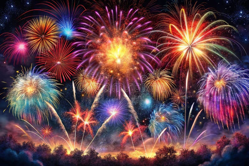 Vibrant Fireworks Display Over Trees at Night Stock Illustration ...