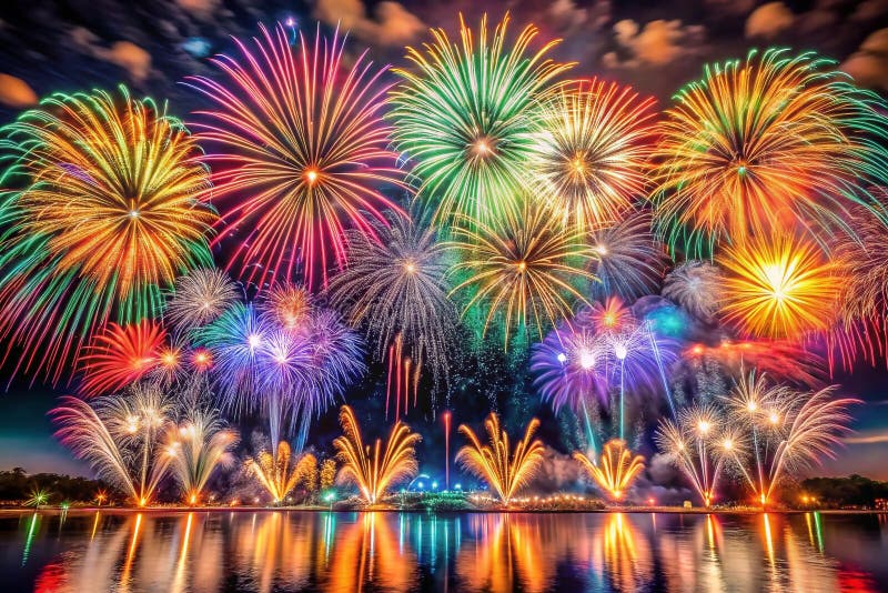 Vibrant Fireworks Display Over Water at Night Stock Illustration ...