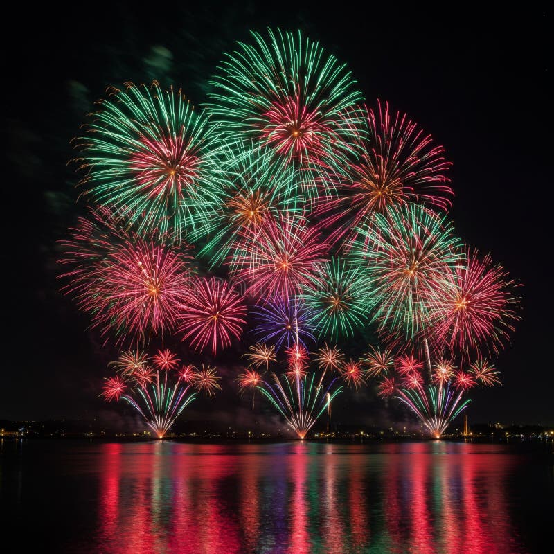Vibrant Fireworks Display Over Water at Night Stock Illustration ...
