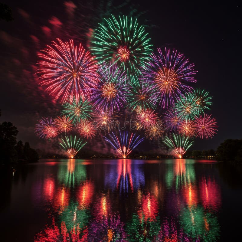 Vibrant Fireworks Display Over Water at Night Stock Illustration ...