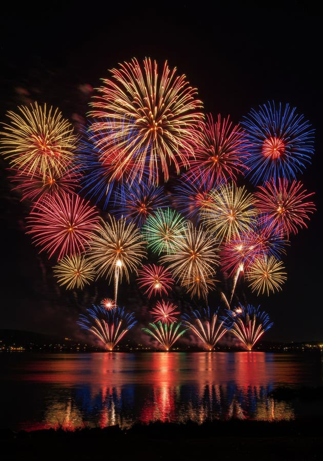Vibrant Fireworks Display Over Water at Night Stock Illustration ...