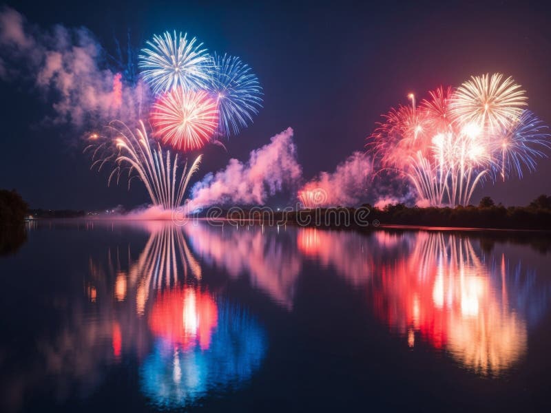 Vibrant Fireworks Display Reflected on Water during Night Celebration ...
