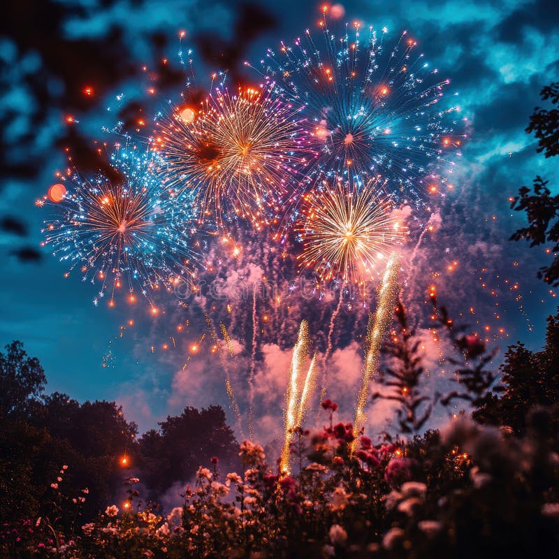 Vibrant Fireworks Explode in a Dark Night Sky, Creating a Dynamic and ...