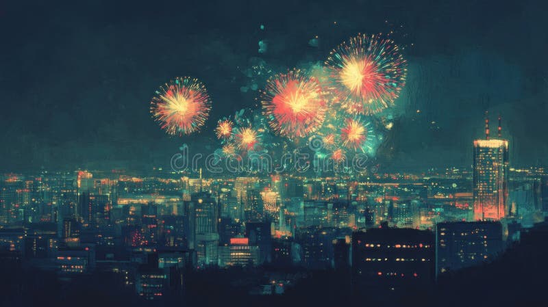 Vibrant Fireworks Explode Over a Cityscape at Night Stock Illustration ...