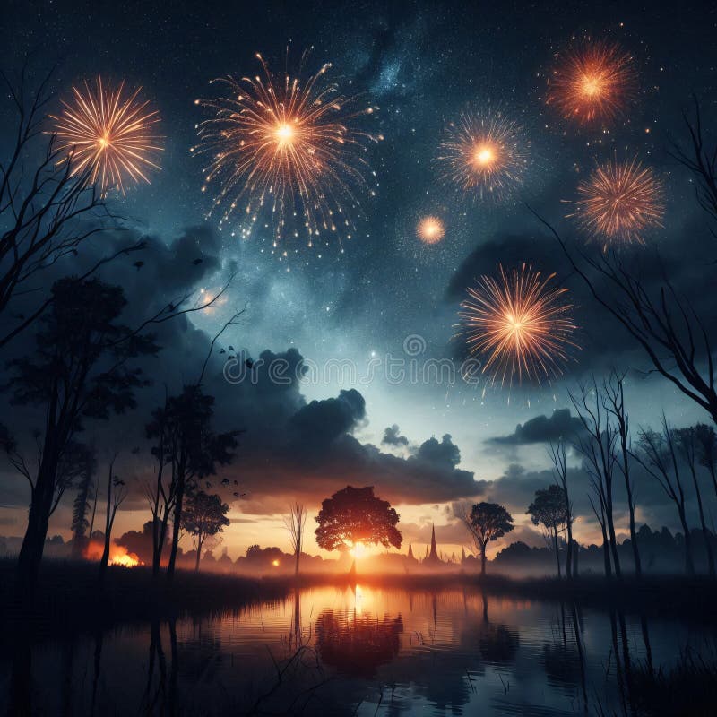 Vibrant Fireworks Explode Over a Serene Forest Under a Starry Sky Stock ...