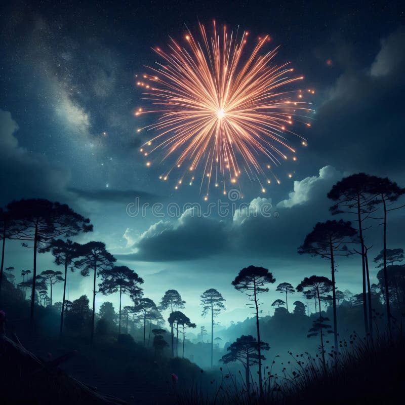 Vibrant Fireworks Explode Over a Serene Forest Under a Starry Sky Stock ...