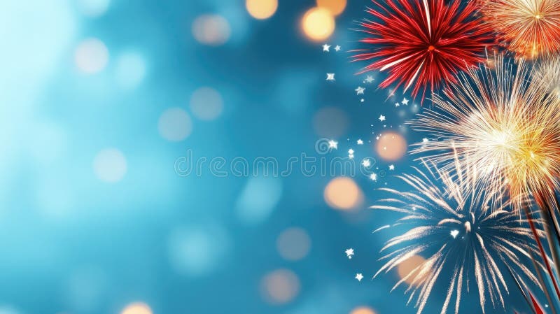 Vibrant Fireworks Exploding Against Bright Blue Bokeh Background Stock ...