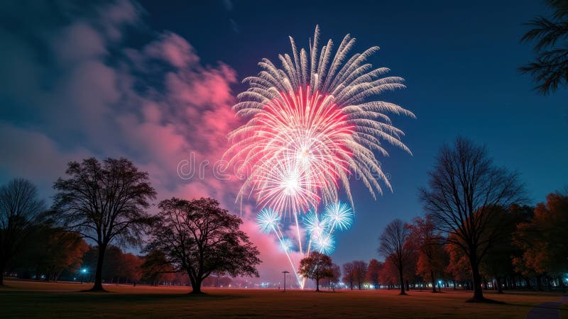 Vibrant Fireworks Exploding in Evening Sky Over Park with Silhouetted ...
