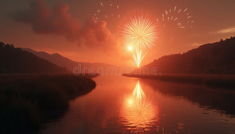 Vibrant Fireworks Exploding Over Calm River Reflections at Night Stock ...