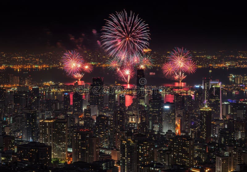 Vibrant Fireworks Illuminate City Skyline at Night Celebration Stock ...