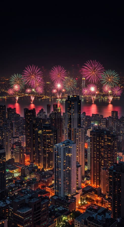 Vibrant Fireworks Illuminate the Night Sky Above a Bustling Cityscape ...