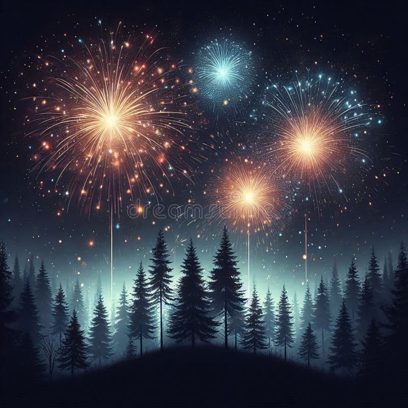 Vibrant Fireworks Illuminate a Night Sky Above Silhouetted Pine Trees ...