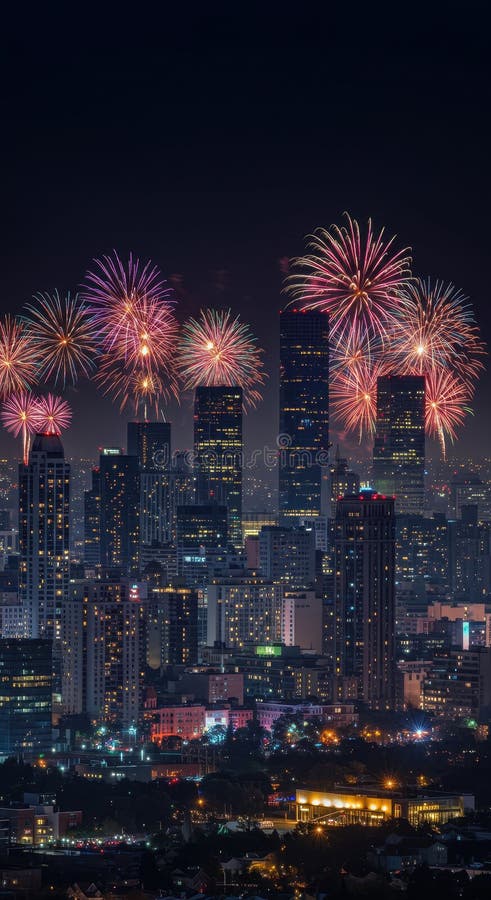 Vibrant Fireworks Illuminate the Night Sky Above a Bustling Cityscape ...