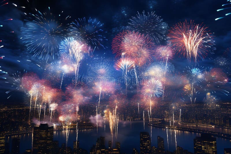 Vibrant Fireworks Illuminating the Night Sky on Stock Illustration ...