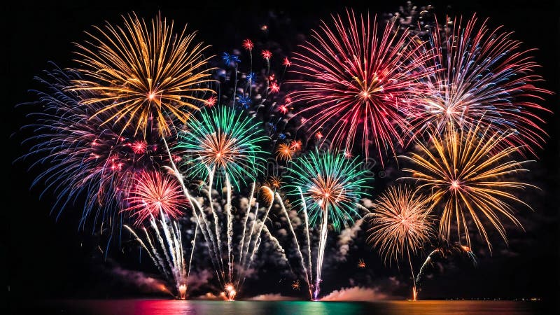 Vibrant Fireworks Light Up the Night Sky Over Water, Displaying an ...