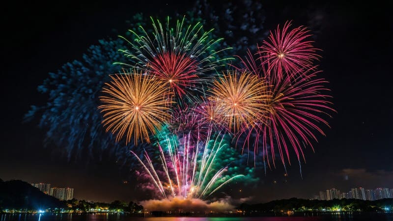 Vibrant Fireworks Light Up the Night Sky Over Water, Displaying an ...